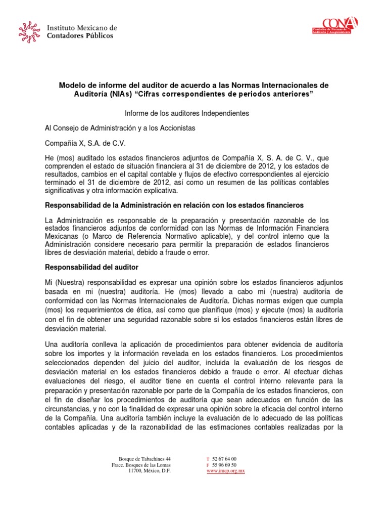 Modelo de Informe Del Auditor de Acuerdo A Las Normas Internacionales de Auditoría NIAs Cifras ...