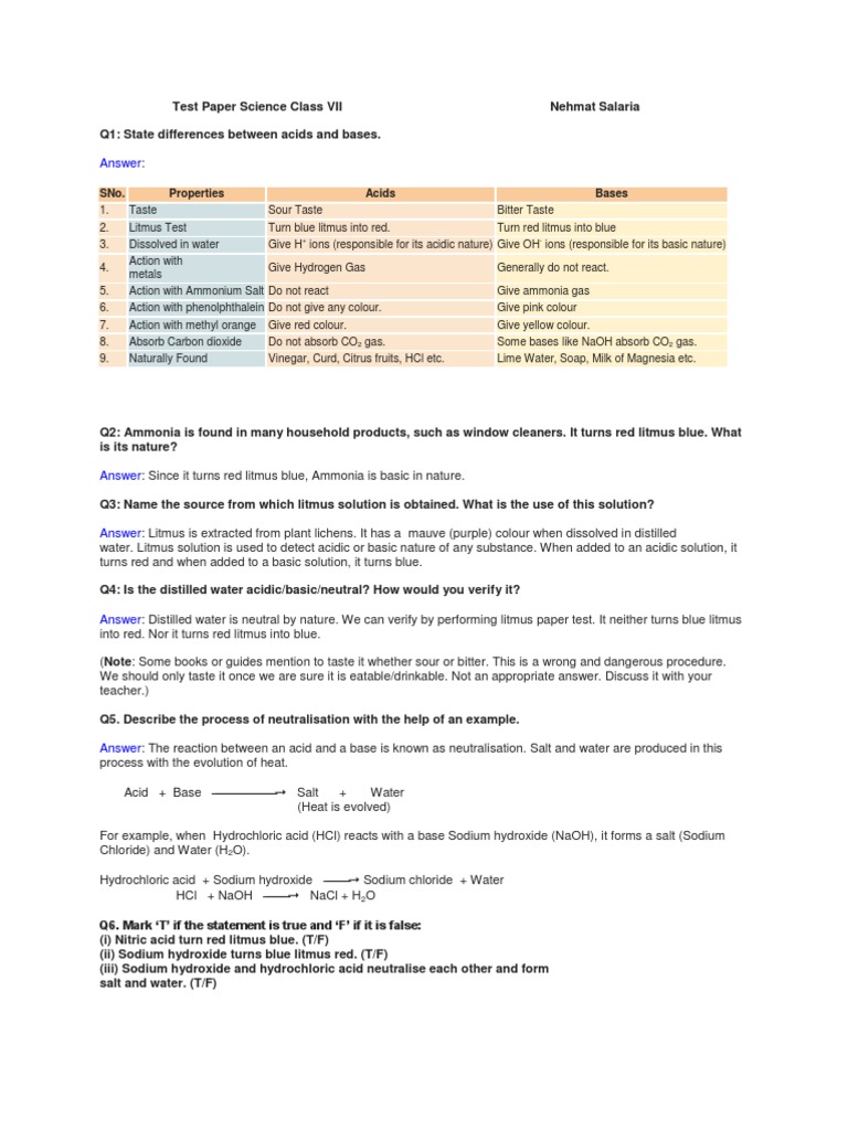 Sample Test Paper For Class & (Science) | PDF | Sodium Hydroxide ...