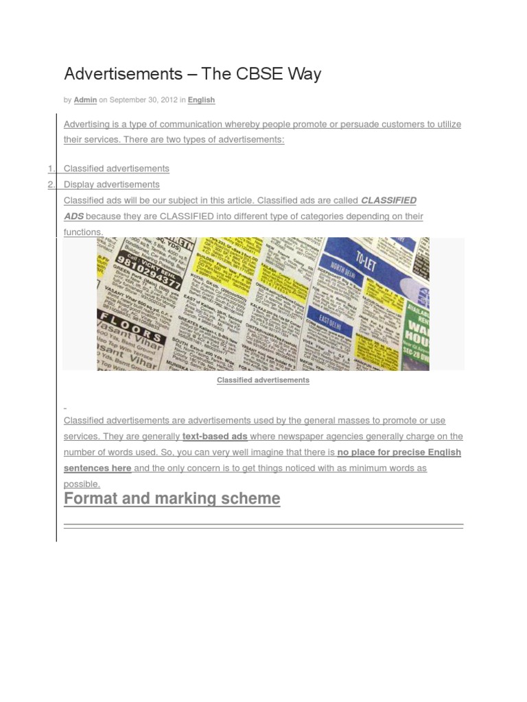Advertisements - The CBSE Way: Format and Marking Scheme | PDF ...