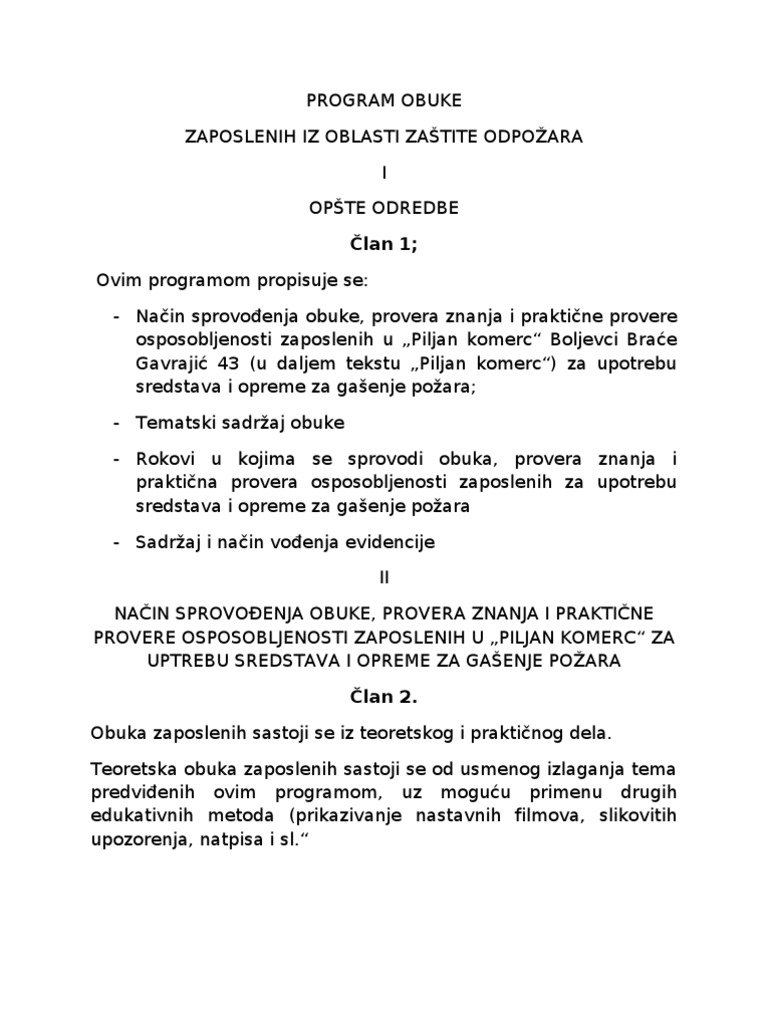 Program Obuke Piljan Komerc | PDF