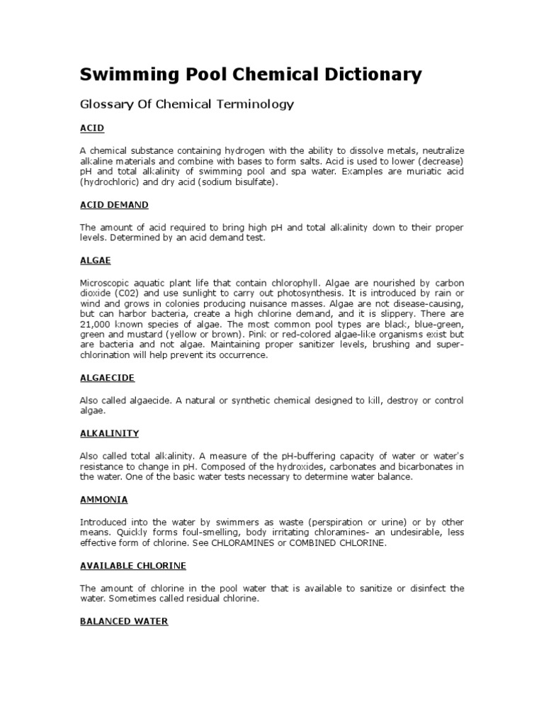 Swimming Pool Chemical Glossary | PDF | Cooking, Food & Wine | Science ...