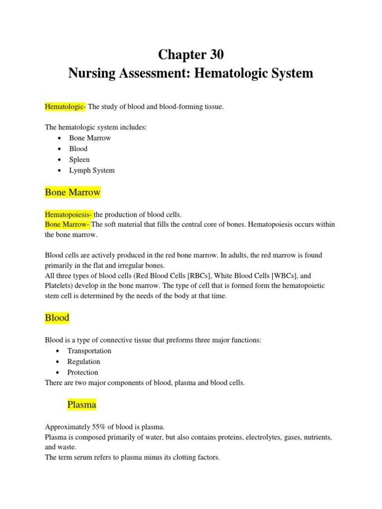 Hematologic System Nursing Assessment | PDF | Coagulation | White Blood ...