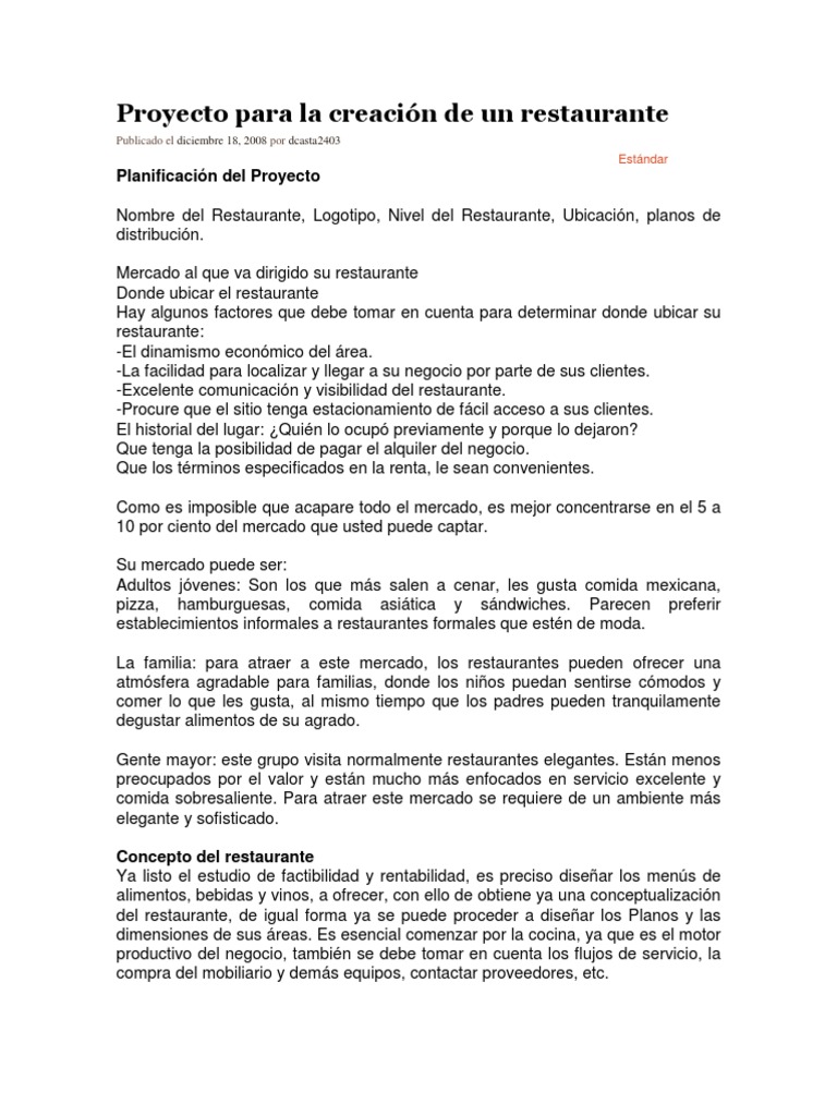 Proyecto para La Creación de Un Restaurante | PDF | Personalidad legal ...