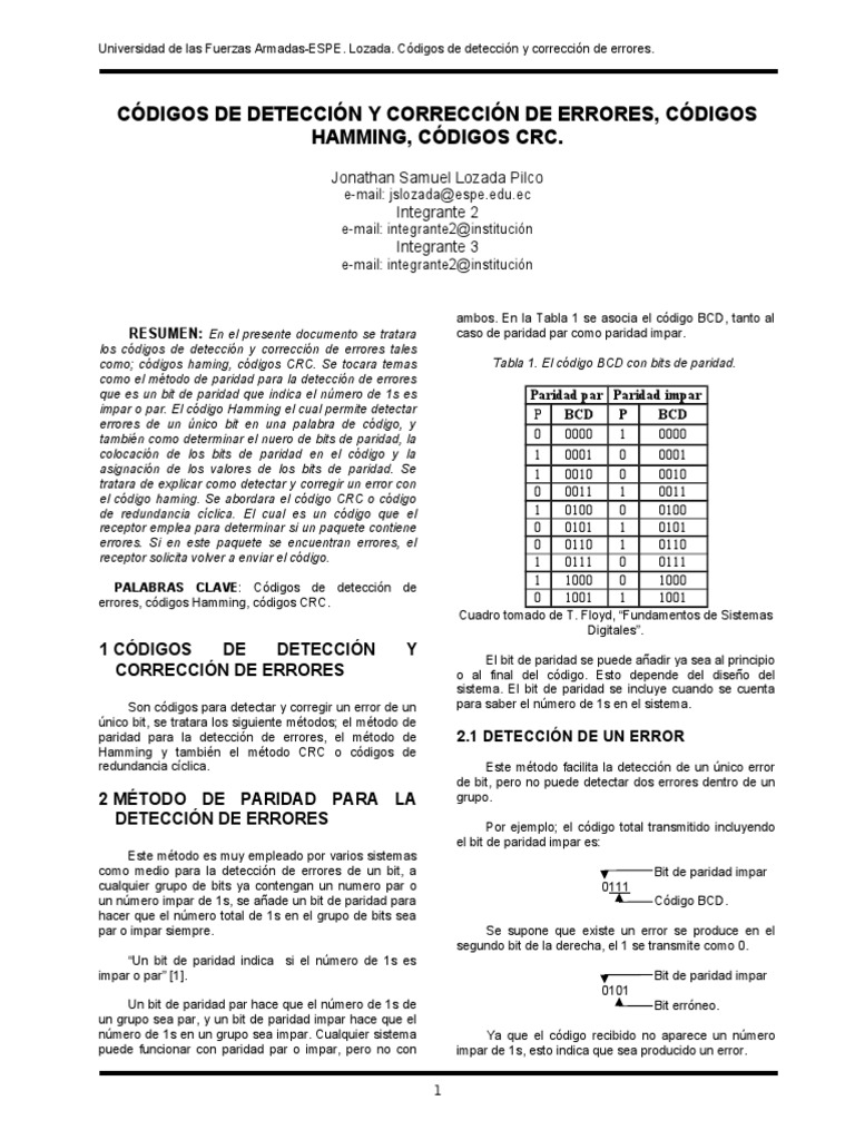 Paper 1 Codigos Hamming y Crc1 | PDF | Detección y corrección de ...