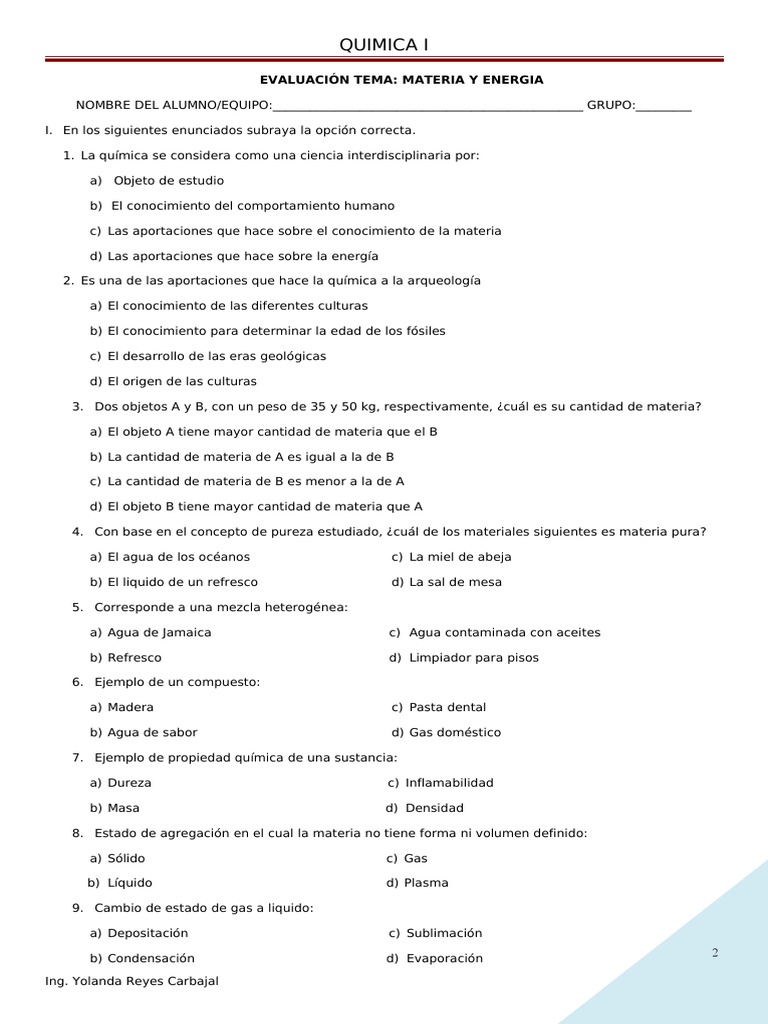 EVALUACION de Materia y Energia | PDF | Importar | Química
