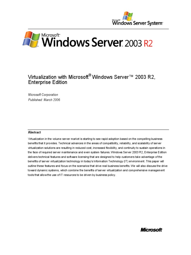 Virtualization With Microsoft Windows Server™ 2003 R2, Enterprise Edition | PDF | Windows Server ...