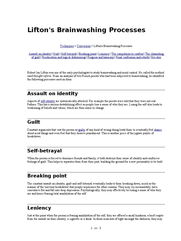 Lifton's Brainwashing Processes - Odt | PDF | Mind Control | Guilt (Emotion)