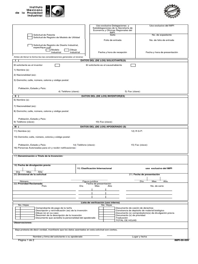 Formato Registro Diseño Industrial IMPI - 00 - 009 | PDF | Patentar | Gobierno