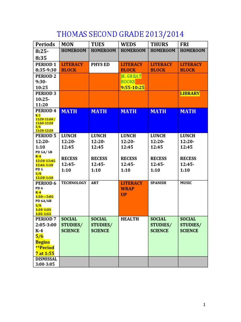 Second Grade Class Schedule 2013/2014 | PDF | Social Science | Art