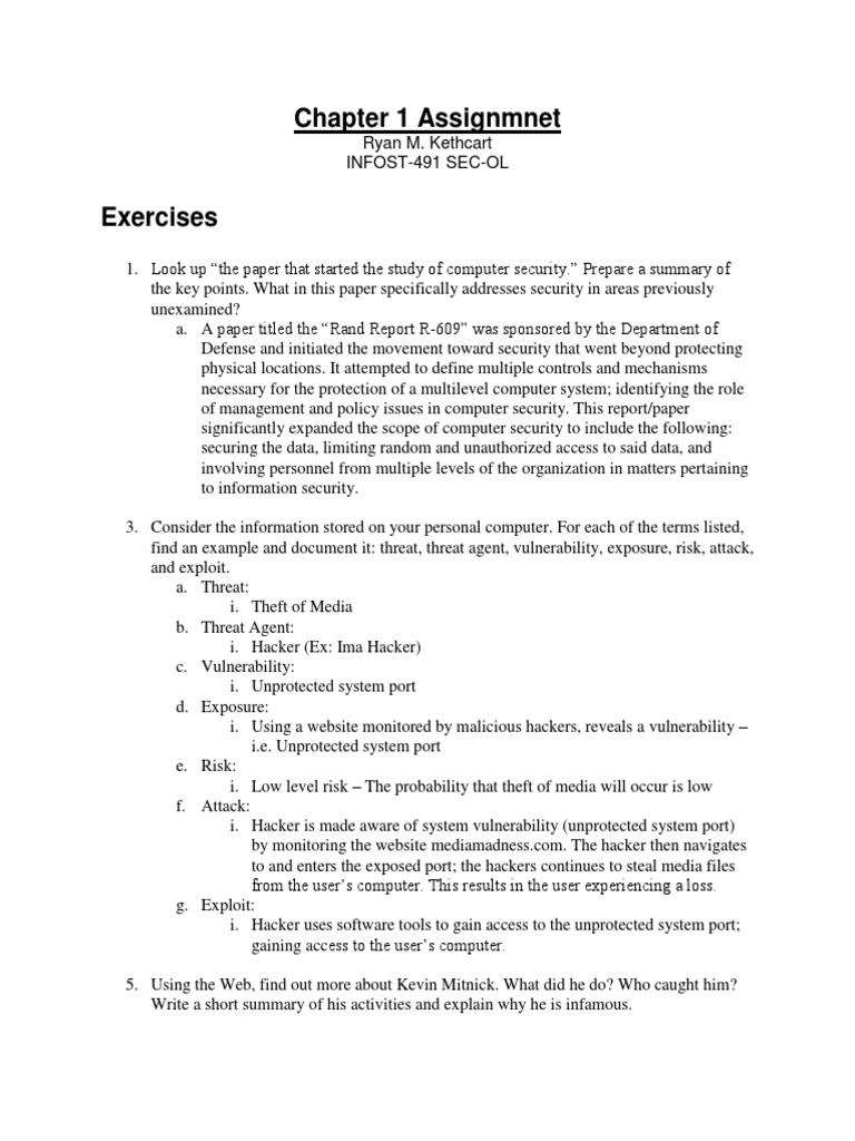 Principles of Information Security 4th Edition: Chapter 1 Exercises & Case Exercise | PDF ...