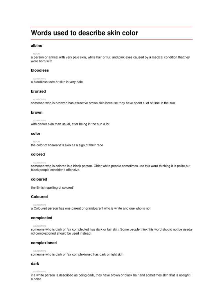 Words Used To Describe Skin Color | PDF