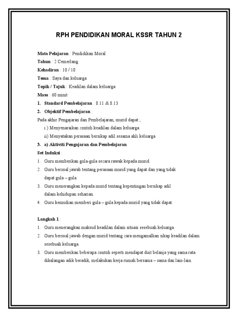 RPH Pendidikan Moral KSSR Tahun 2 | PDF