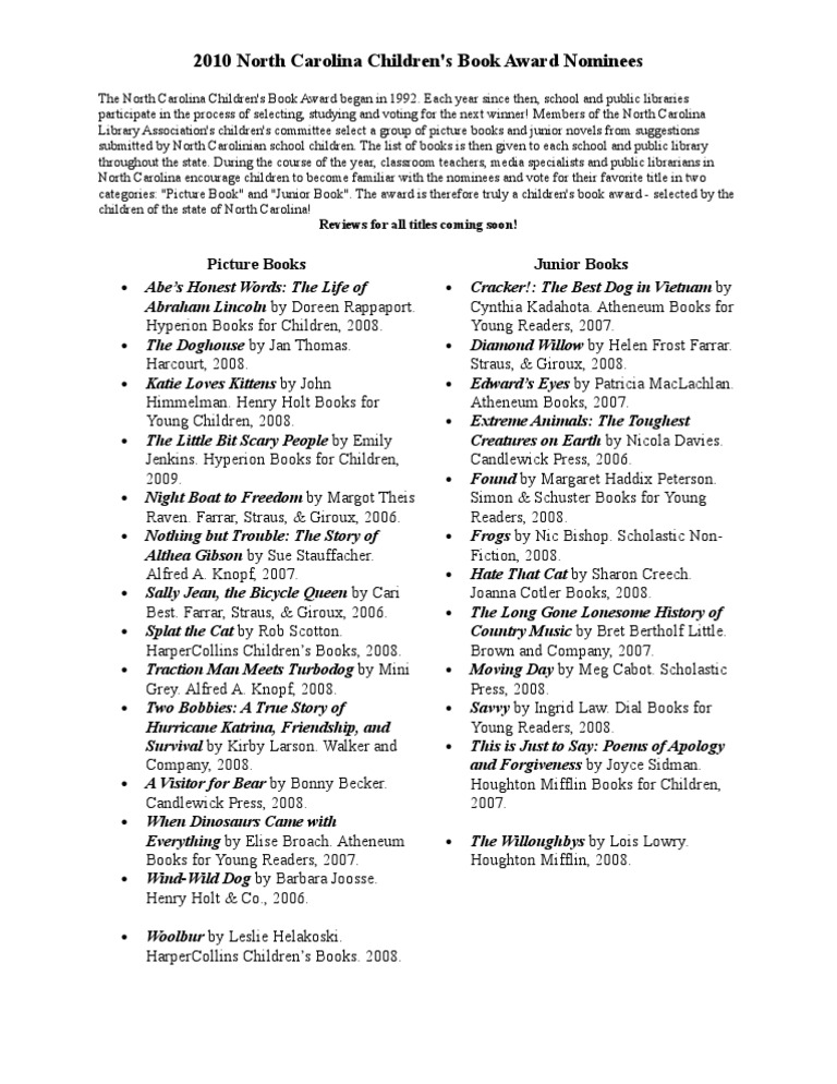 2010 North Carolina Children's Book Award Nominees: Picture Books ...