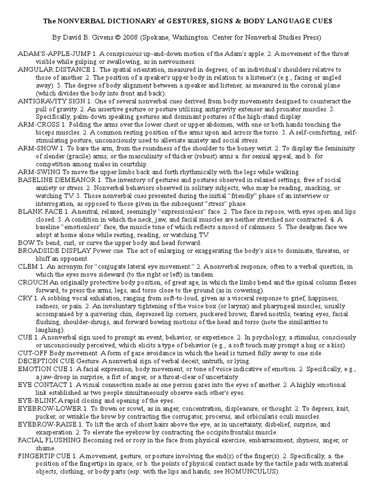 Body Language - List of Signs N Gestures | PDF | Nonverbal ...