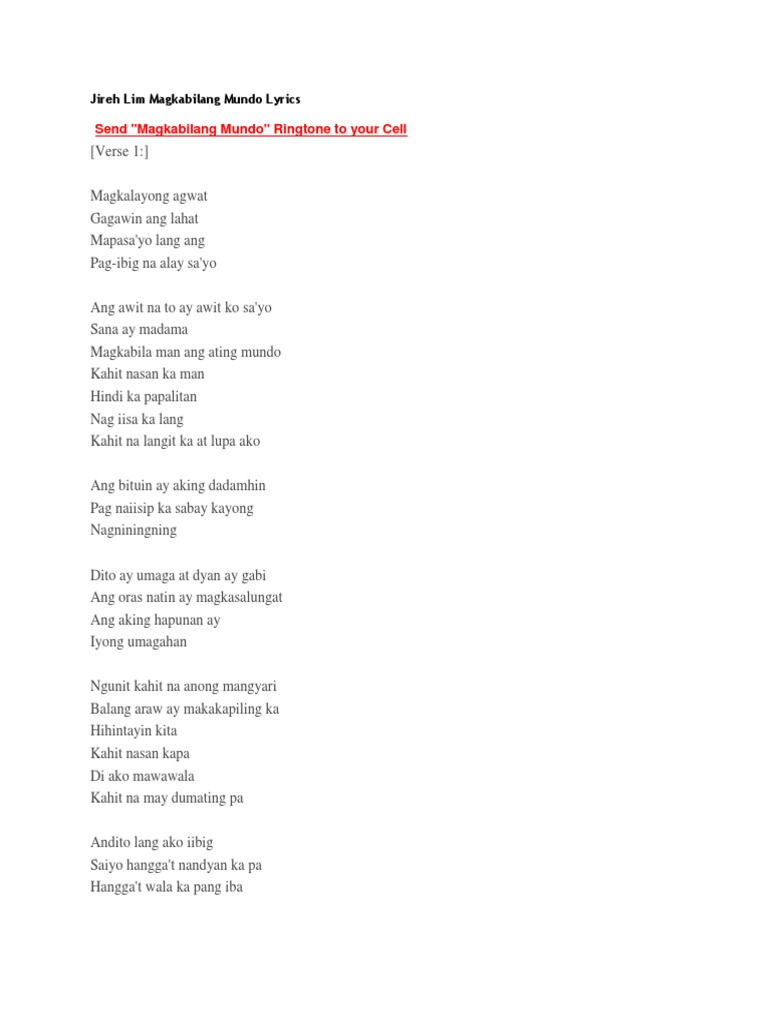 Jireh Lim Magkabilang Mundo Lyrics | PDF | Language Arts & Discipline ...