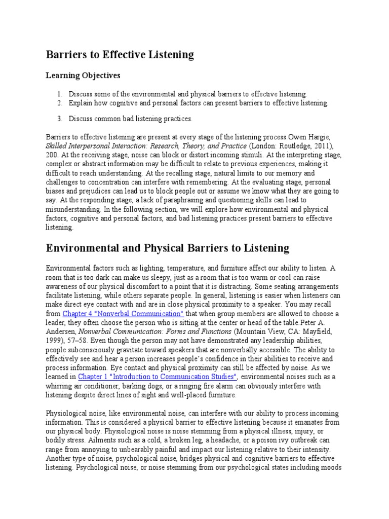 Barriers To Effective Listening | PDF | Prejudices | Attention