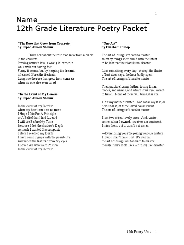 2013 - All Poems For 12th Grade Unit | PDF | Poetry | Entertainment ...