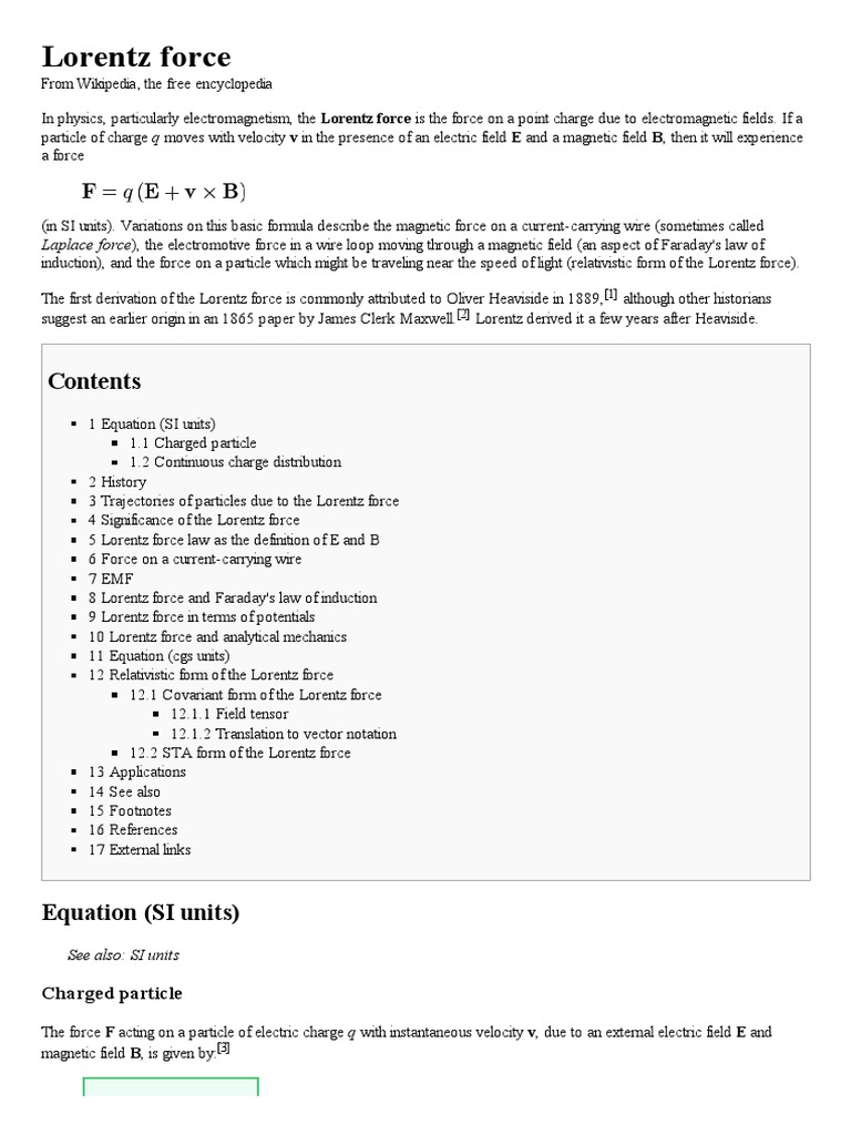 Lorentz Force - Wikipedia, The Free Encyclopedia | PDF ...