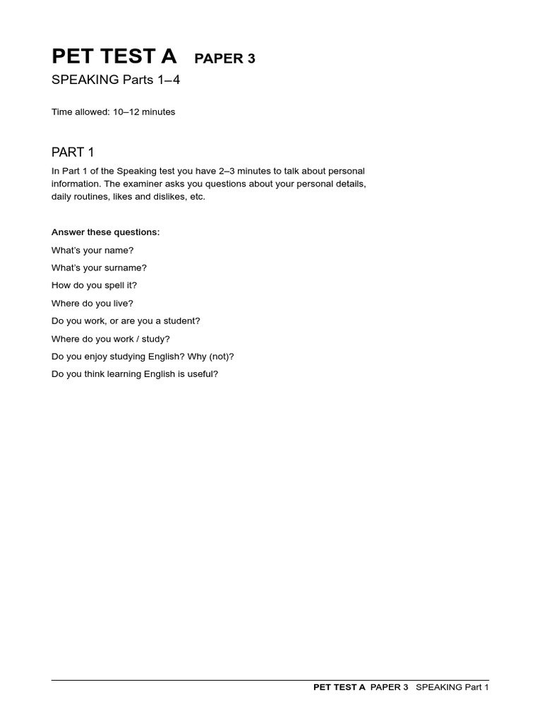 Pet Speaking Test A REVISED | PDF
