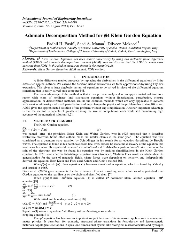 Adomain Decomposition Method For 4 Klein Gordon Equation | PDF | Nonlinear System | Equations