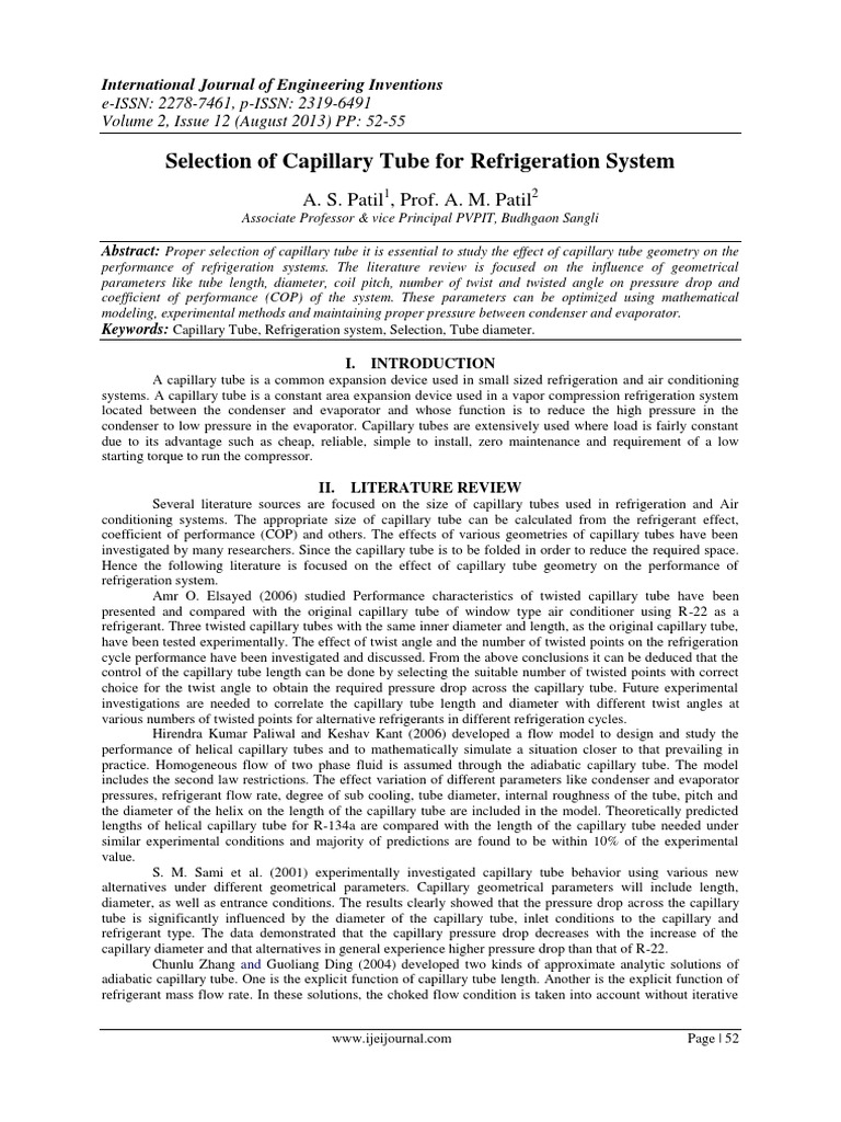 Selection of Capillary Tube For Refrigeration System | PDF | Fluid ...