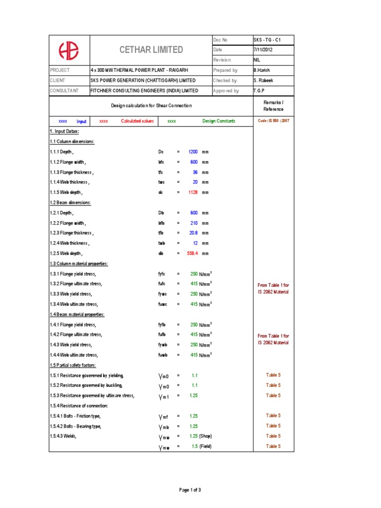 C1 - DeSIGN TEMPLATE - Shear Connection | PDF | Yield (Engineering ...