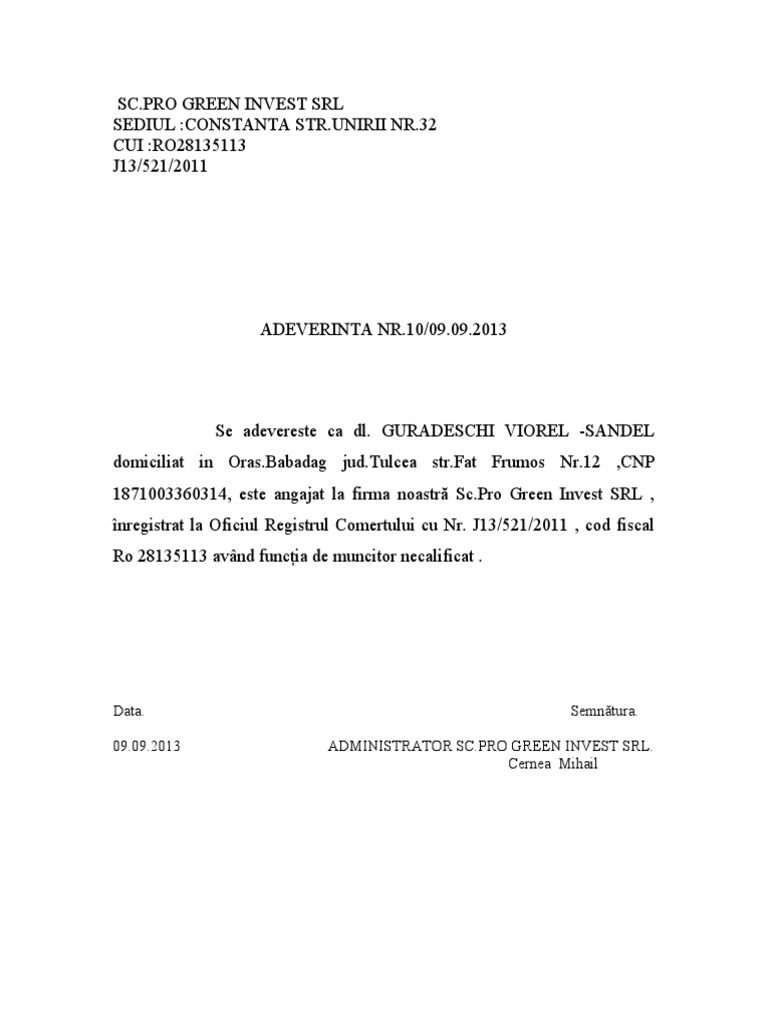 Adeverinta Angajat Pro Green | PDF