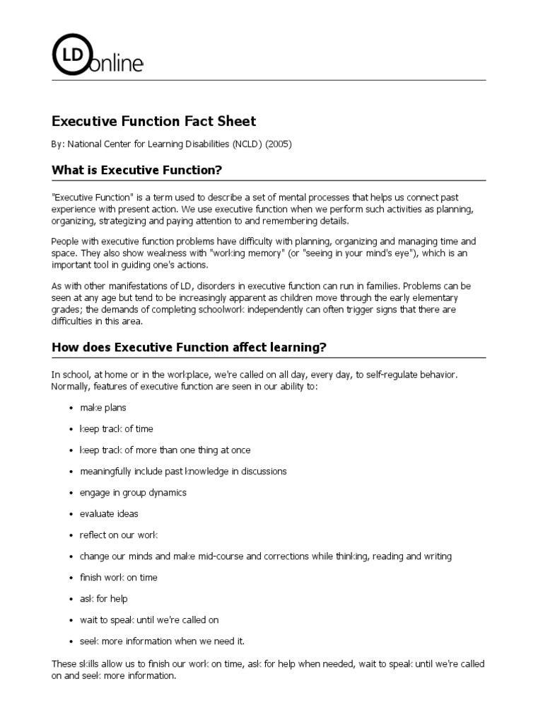 Executive Function Fact Sheet | PDF | Executive Functions | Memory