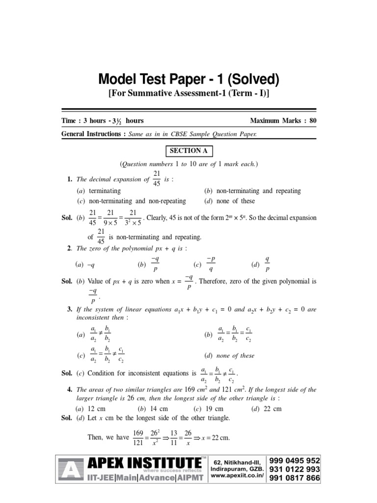 Maths Model Test Paper For Summative Assessment - 1 | PDF ...