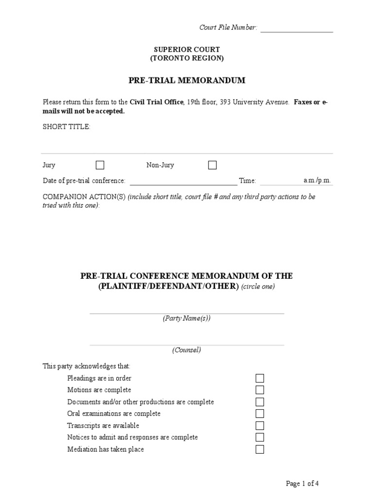 Pre-Trial Memorandum: Superior Court (Toronto Region) | PDF | Brief (Law) | Witness