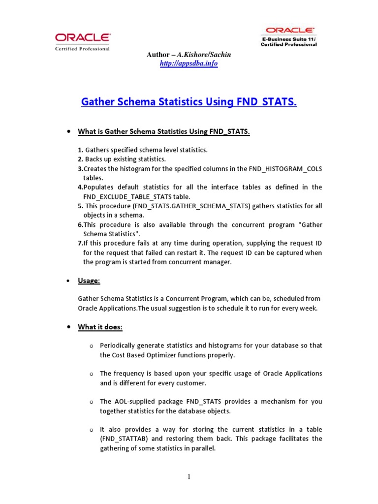 Gather Schema Statistics Using FND Stats | PDF | Database Schema | Statistics