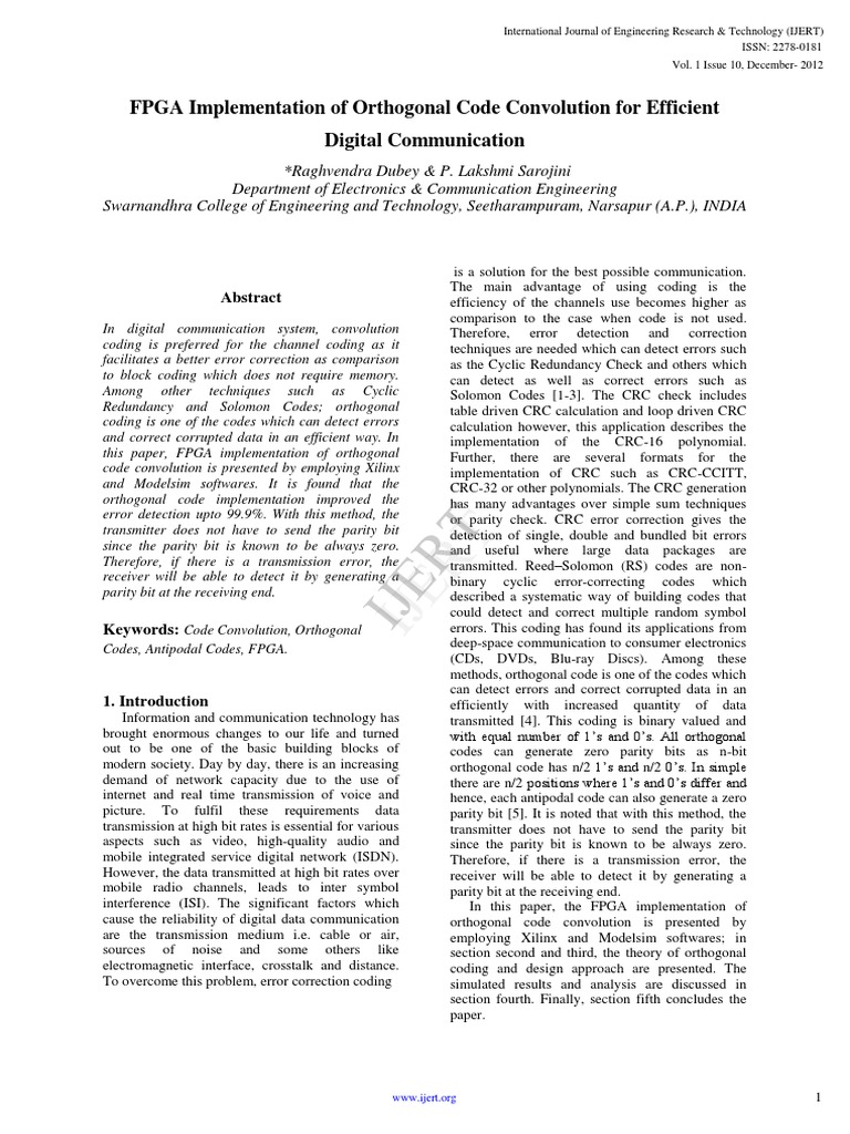 Ijert Ijert: FPGA Implementation of Orthogonal Code Convolution For Efficient Digital ...