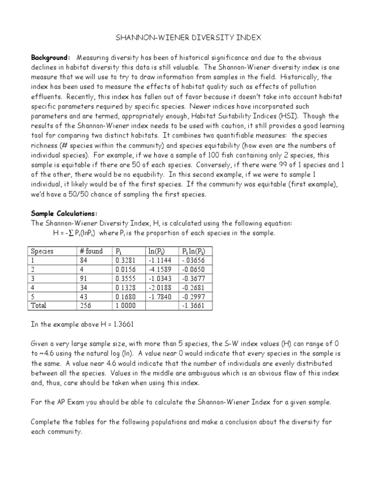 Shannon Diversity Index (1) | Statistics | Scientific Method