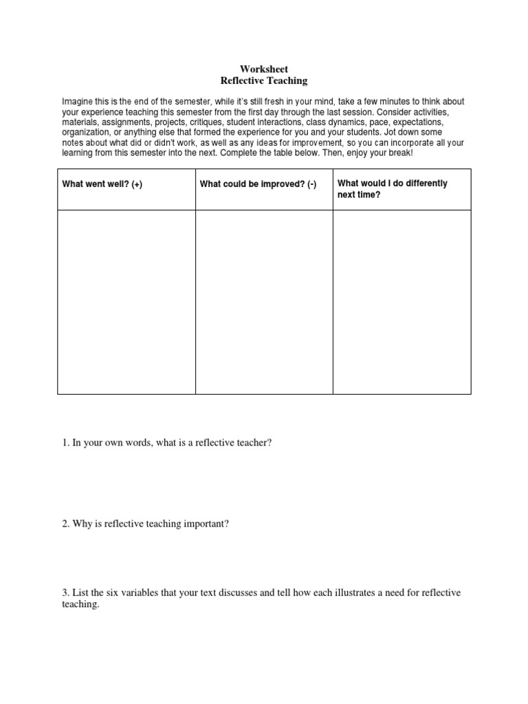 Reflective Teaching Worksheet Guide | PDF