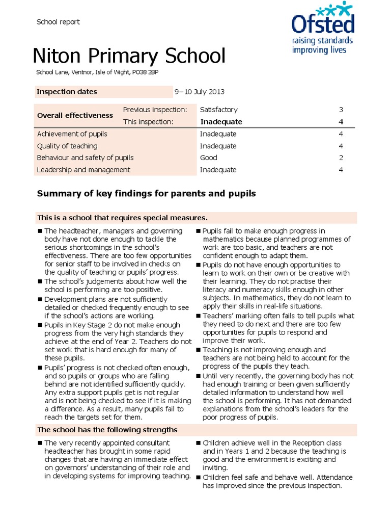 Ofsted Inspection Report - Niton Primary School | PDF | Teachers ...