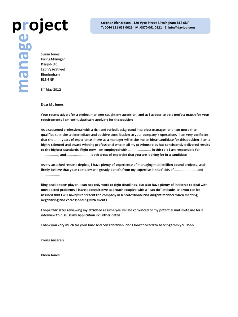 Project Manager Cover Letter Example 8 | PDF