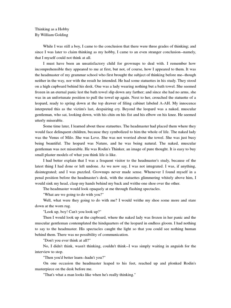 Thinking As A Hobby, by William Golding | PDF