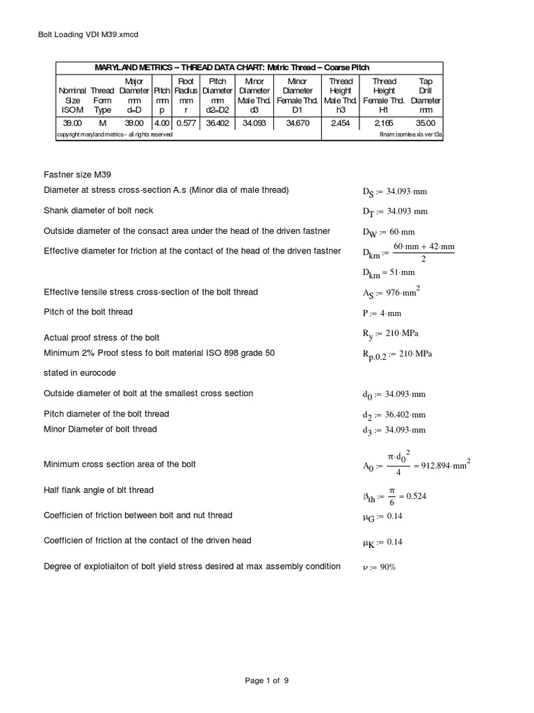 Mathcad - Bolt Loading VDI M39 | PDF | Screw | Building Engineering