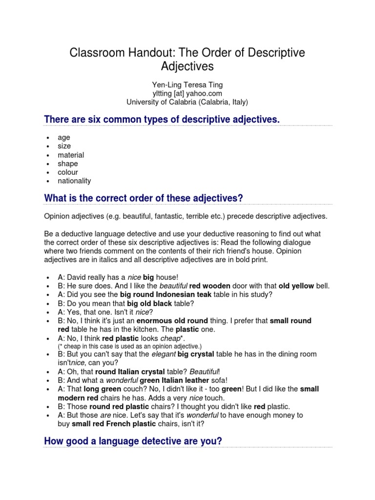 Classroom Handout: The Order of Descriptive Adjectives | PDF ...