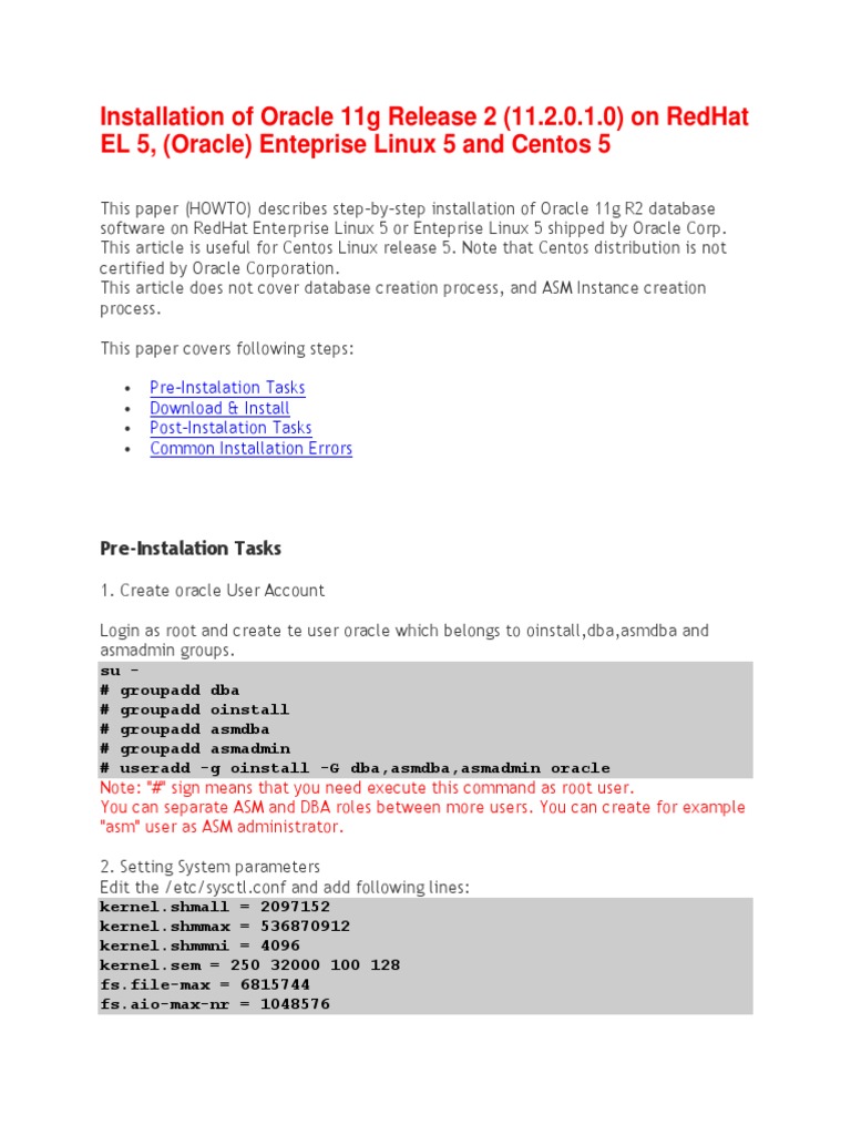 Installation Of Oracle 11g Release 2 Pdf Oracle Database Unix Software 