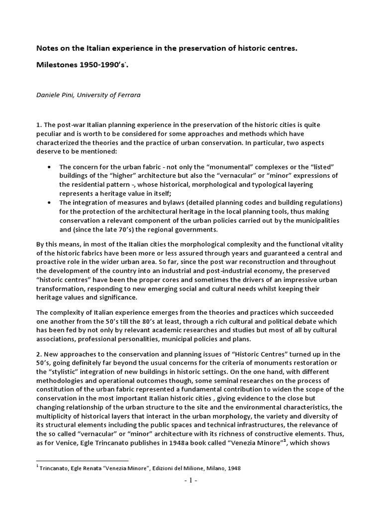 Notes On The Italian Experience in The Preservation of Historic Centres ...