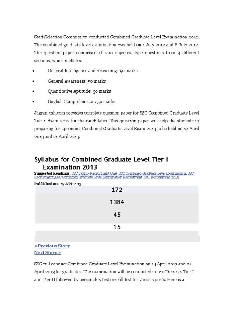 Syllabus For Combined Graduate Level Tier I Examination 2013 | PDF ...
