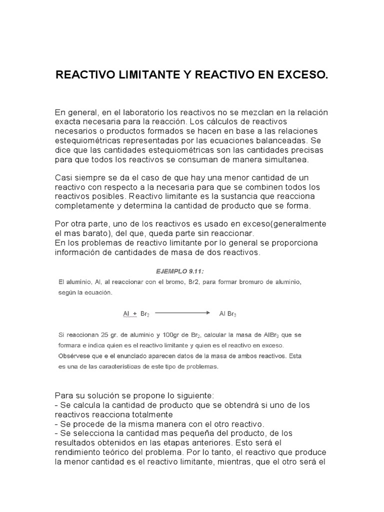 Reactivo Limitante y Reactivo en Exceso | PDF | Reacciones químicas | Estequiometría