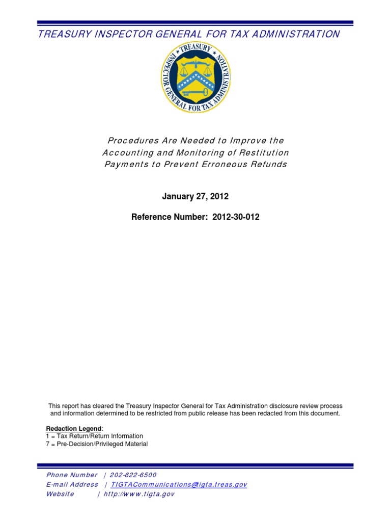 Treasury Inspector General For Tax Administration | PDF | Internal ...