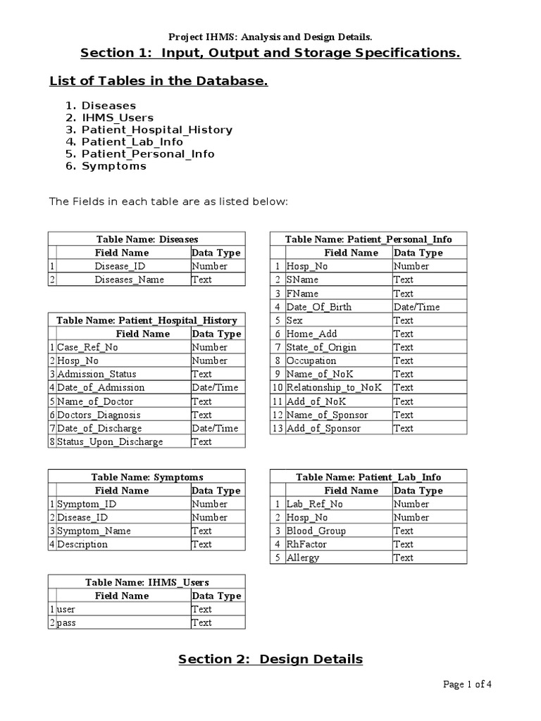 Section 1: Input, Output and Storage Specifications. List of Tables in The Database | PDF ...