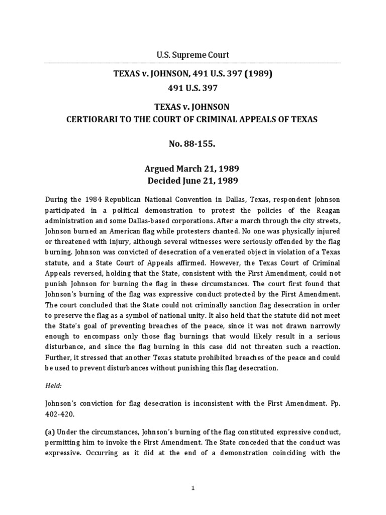 Texas Vs Johnson (1989) | PDF | United States V. O'brien | Supreme ...