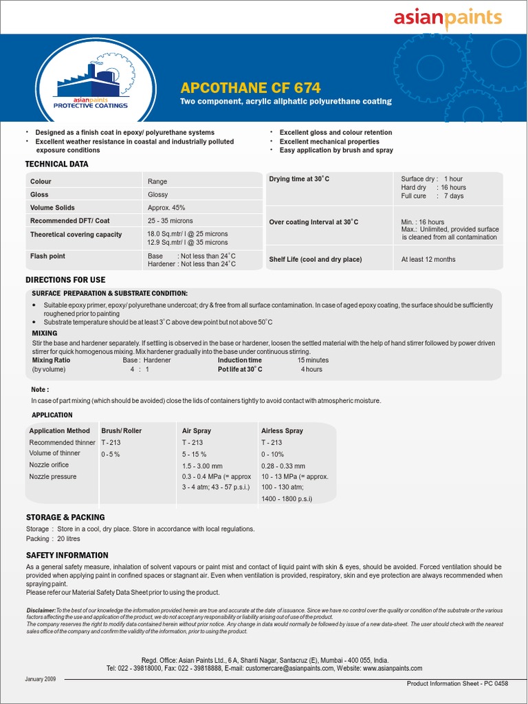 Asian Paints Apcothane CF 674 | PDF | Epoxy | Paint