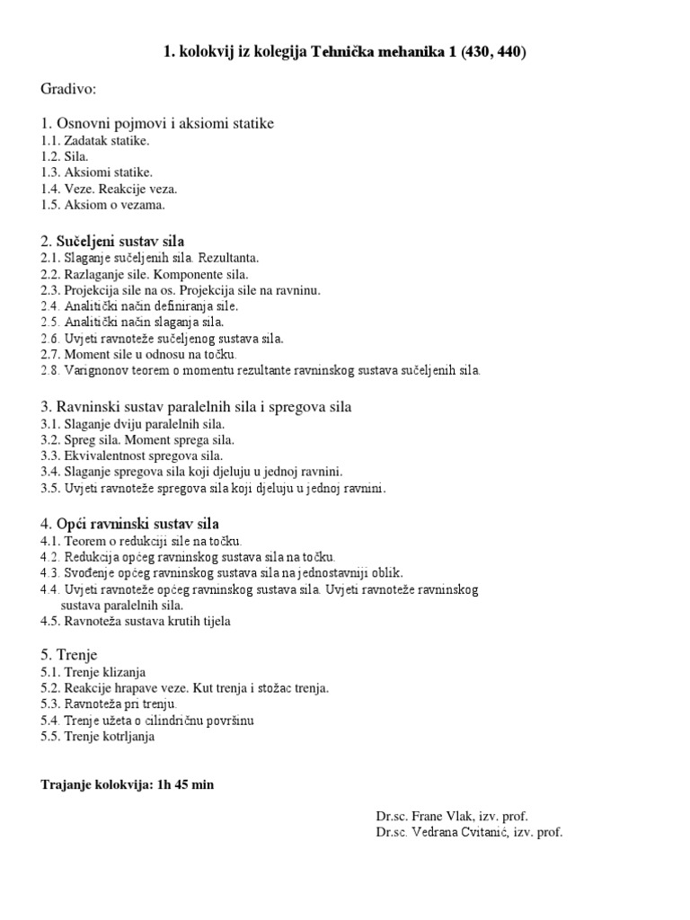 Ogledni Primjer - 1. Kolokvij Tehnicka Mehanika 1 (430,440) - 2012 | PDF