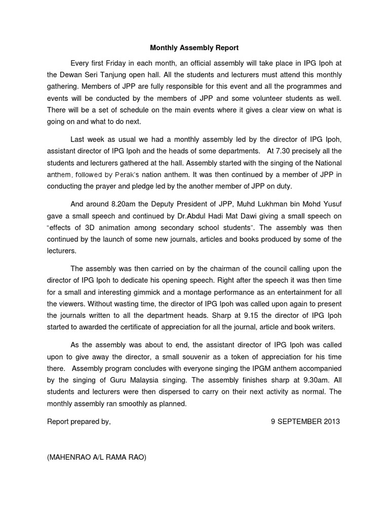 Monthly Assembly Report | PDF