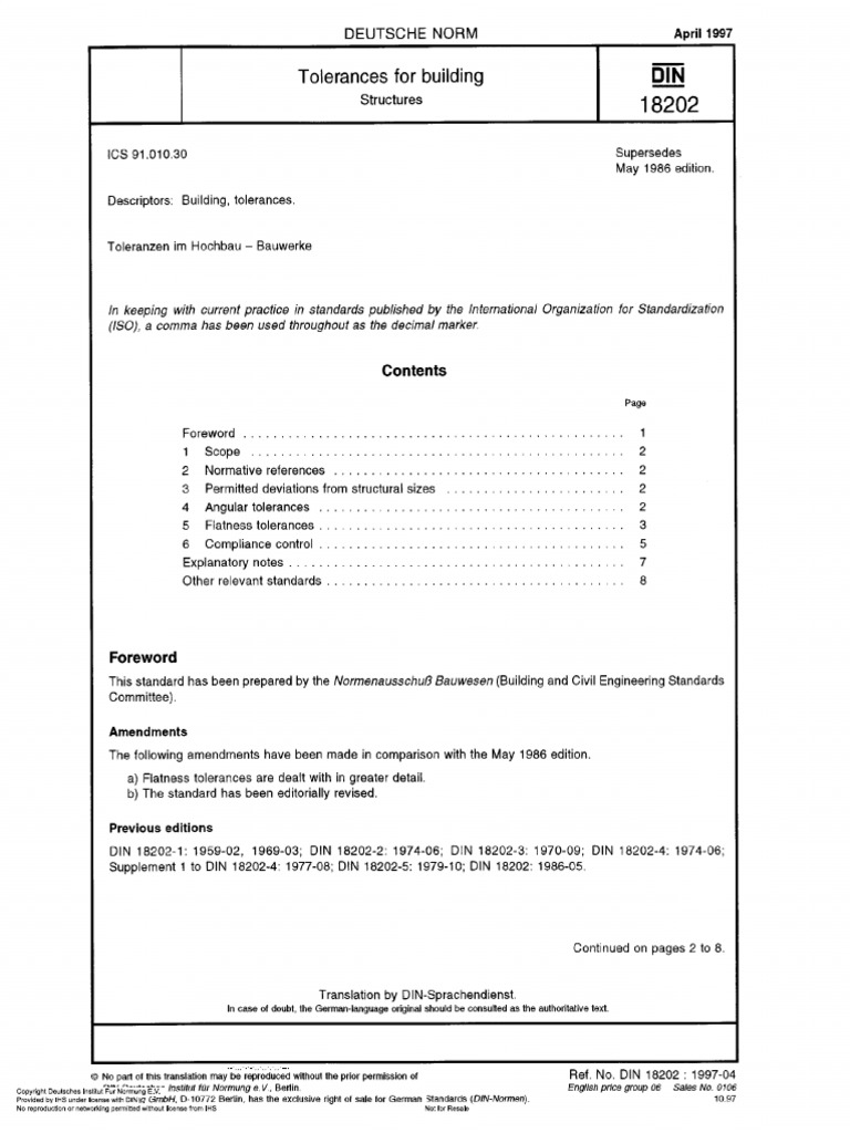 DIN 18202 1997 Tolerances For Building Structures | PDF